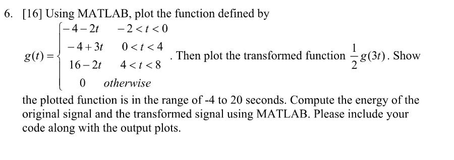 Solved Using MATLAB, plot the function defined by g(t) = {-4 | Chegg.com