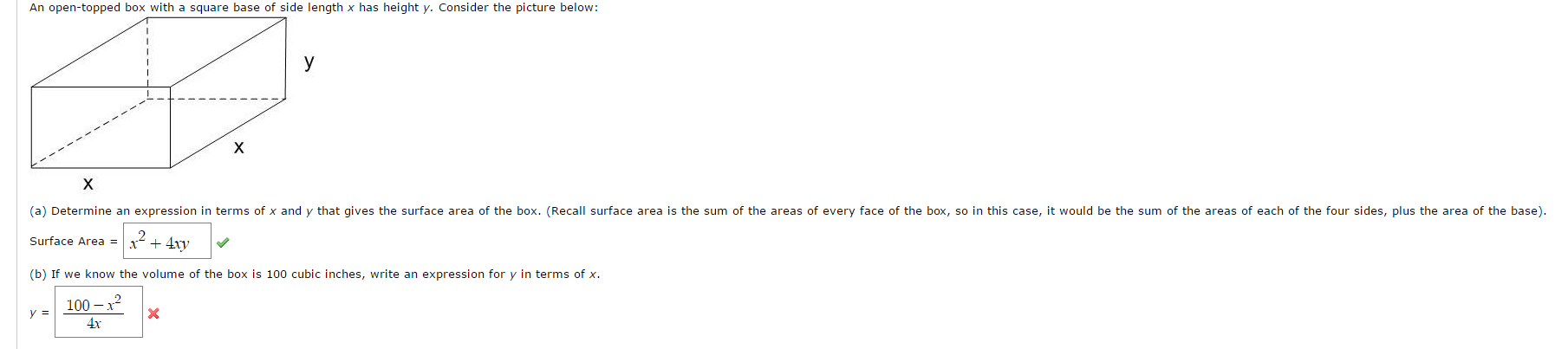 Solved An open-topped box with a square base of side length | Chegg.com