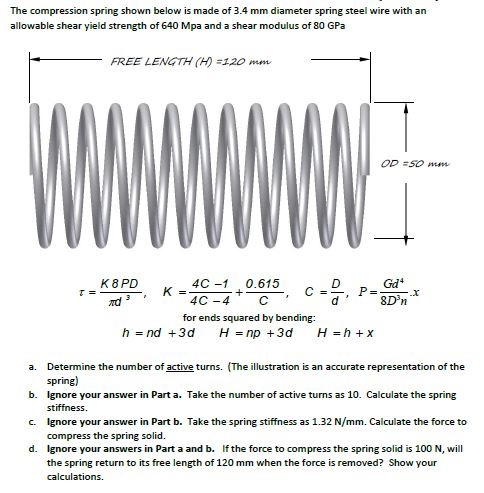 Solved The compression spring shown below is made of 3.4 mm | Chegg.com