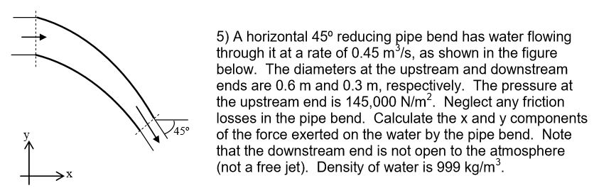 Solved 5) A horizontal 45o reducing pipe bend has water | Chegg.com