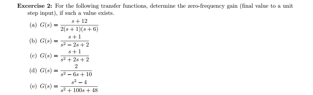 Solved Excercise 2: For the following transfer functions, | Chegg.com