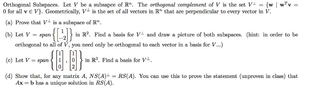 Solved Orthogonal Subspaces. Let V be a subsapce of Rn. The | Chegg.com