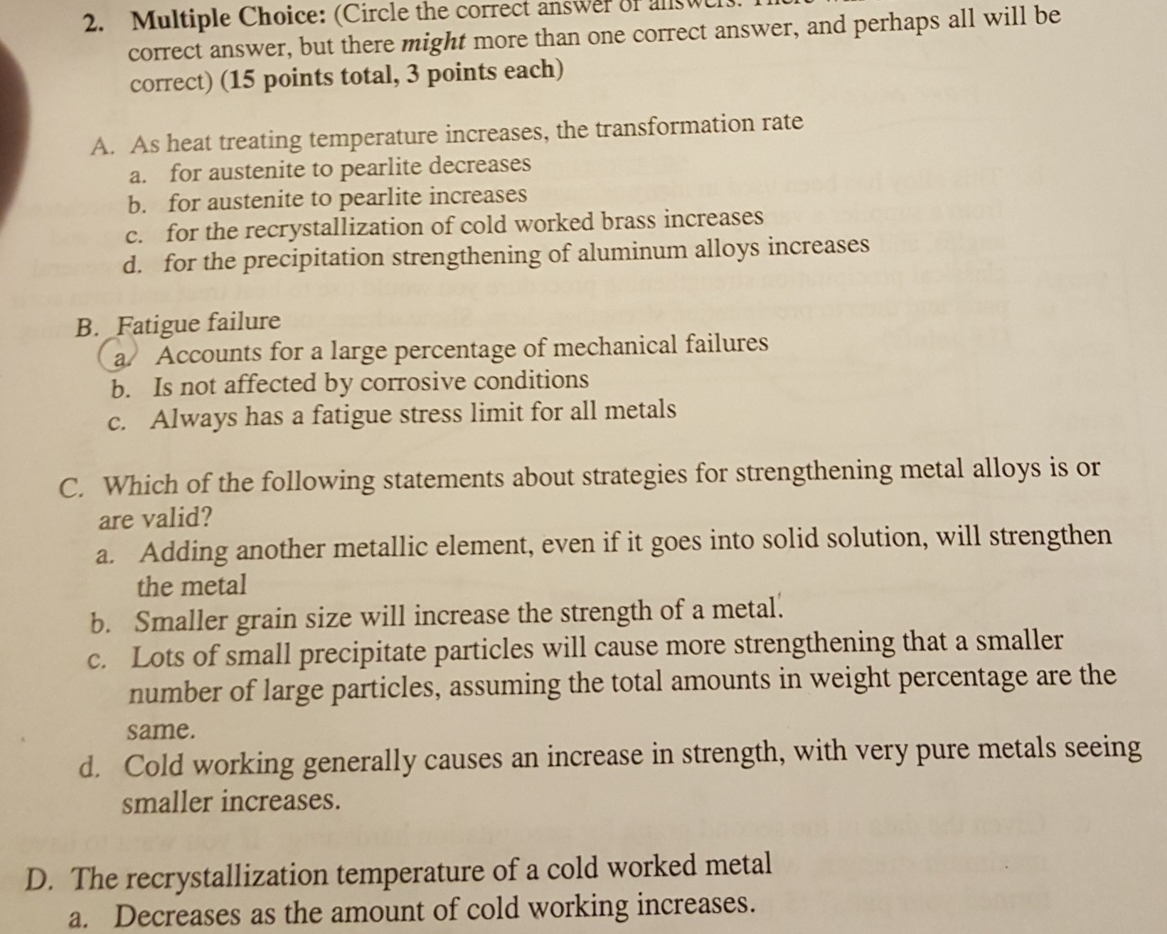 Solved 2. Multiple Choice: (Circle the correct answer or | Chegg.com