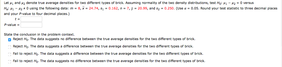 Solved Let mu1 and mu2 denote true average densities for two | Chegg.com