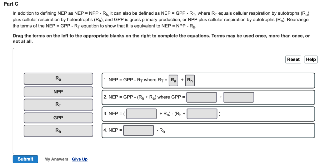 Solved Part C In addition to defining NEP as NEP = NPP-Rh, | Chegg.com