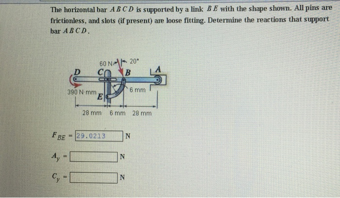 Solved The horizontal bar ABC D is supported by a link B E | Chegg.com