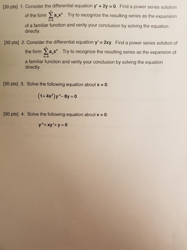 Solved [30 pts] 1 . Consider the differential equation y' + | Chegg.com