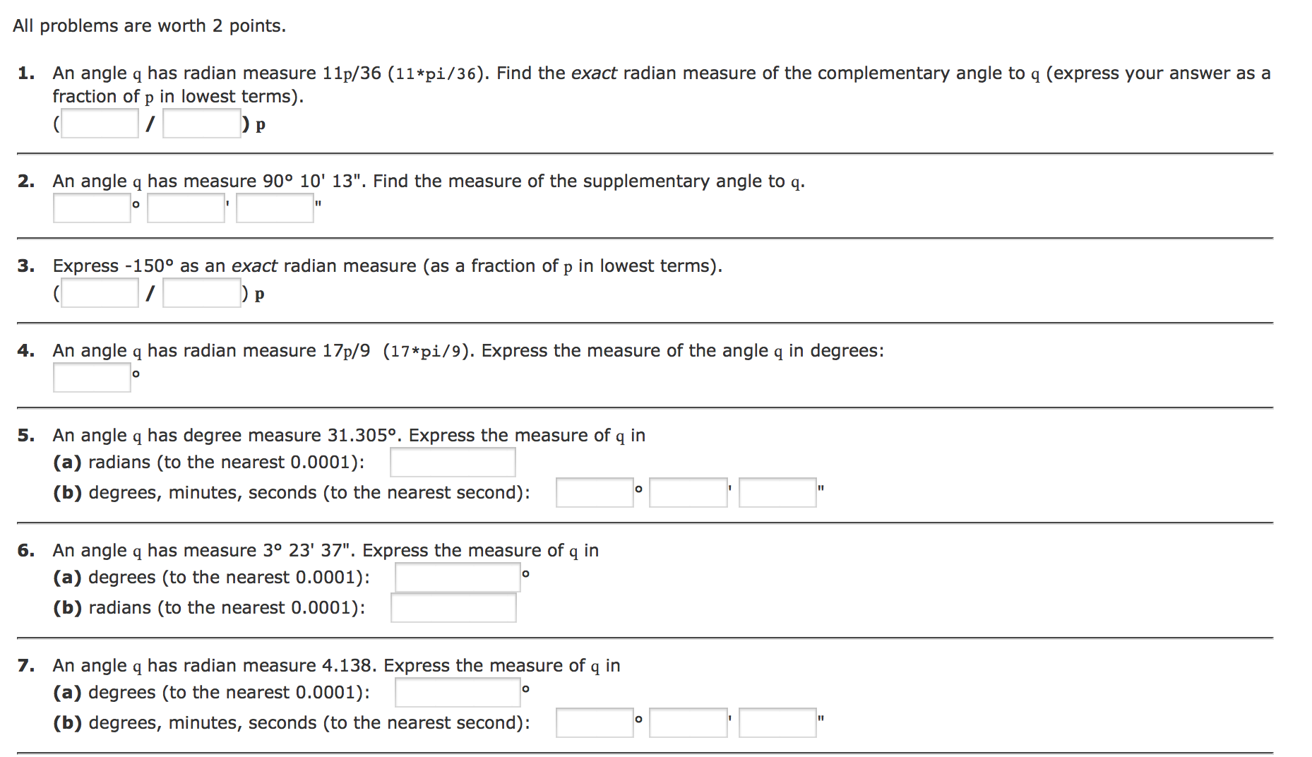 Solved All problems are worth 2 points. 1. An angle q has | Chegg.com