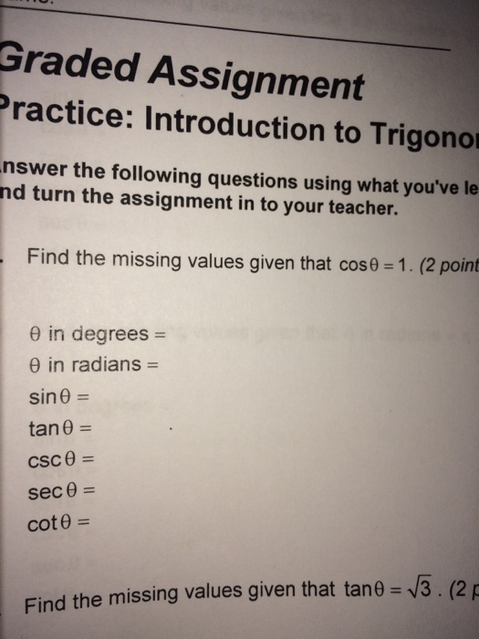 Solved Find the missing values given that cose theta = 1. | Chegg.com