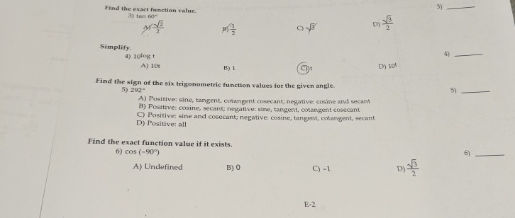Solved Find the exact function value. 3) tan 60 D) C) | Chegg.com