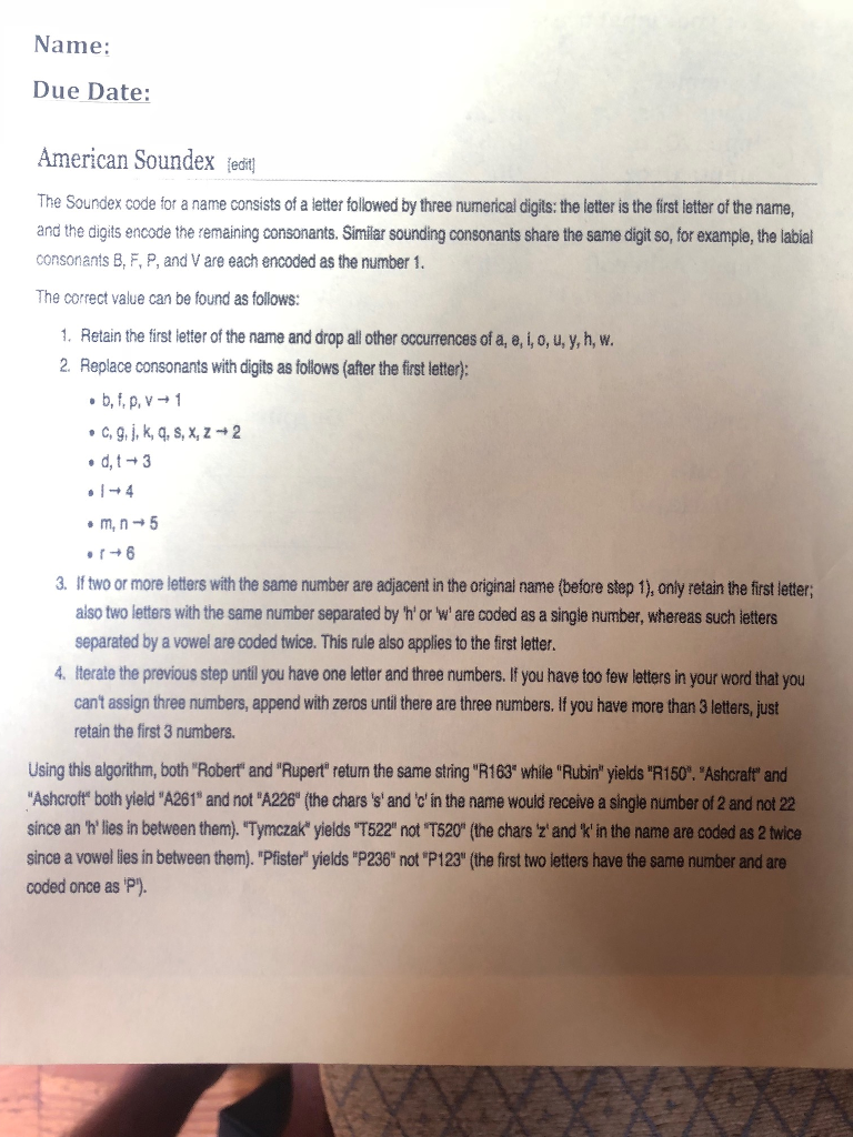 Solved Name: Due Date: American Soundex redit) The Soundex | Chegg.com