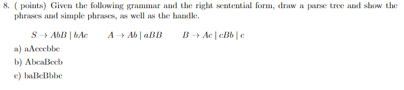 Solved 8. (points) Given the following grammar and the right | Chegg.com