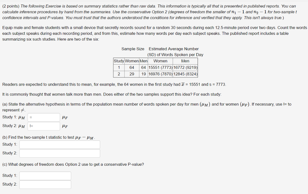 Solved The following Exercise is based on summary statistics | Chegg.com