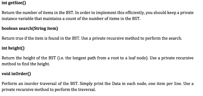 Solved int getSize) Return the number of items in the BST. | Chegg.com