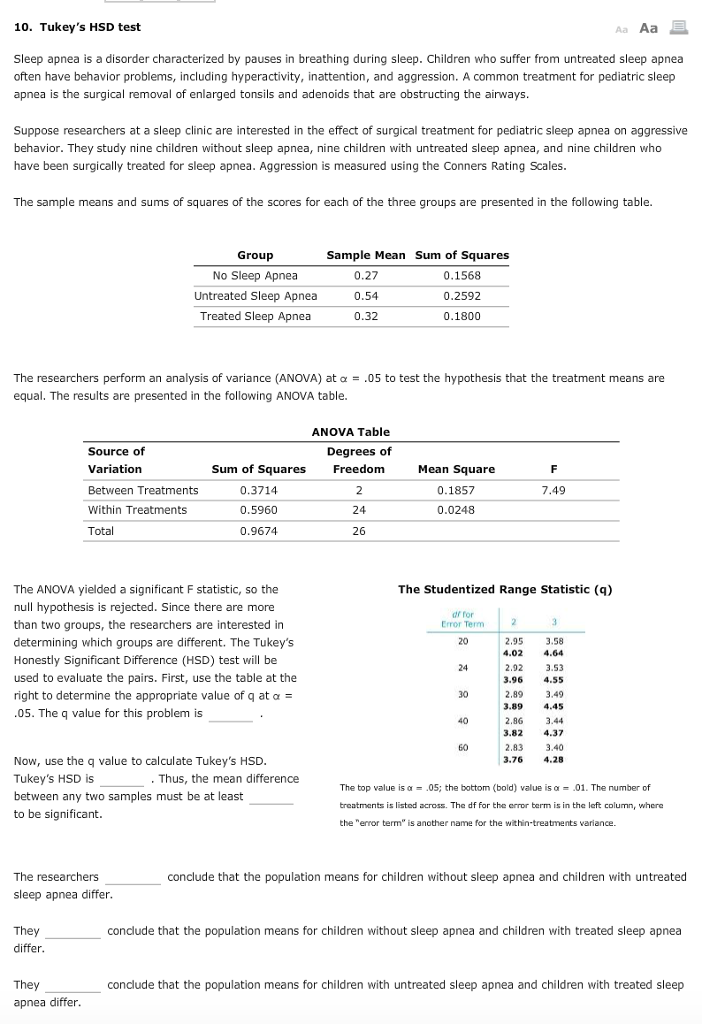 Solved Tukey's HSD test Sleep apnea is a disorder | Chegg.com