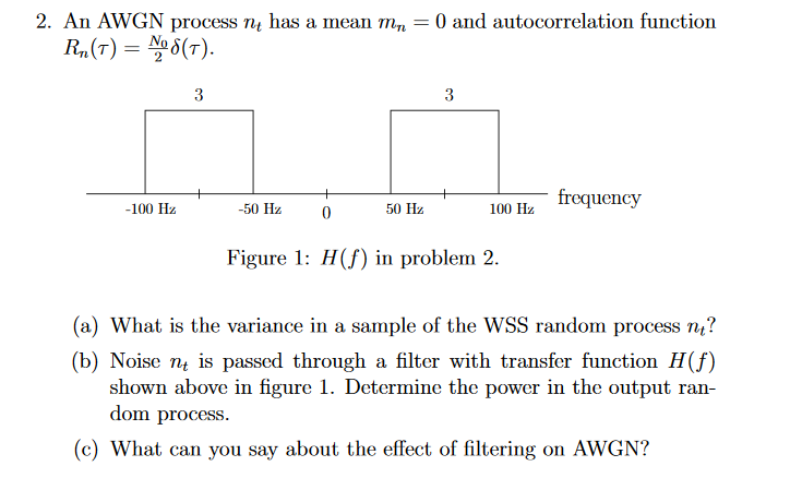Solved 2. An AWGN process n has a meanm0 and autocorrelation | Chegg.com