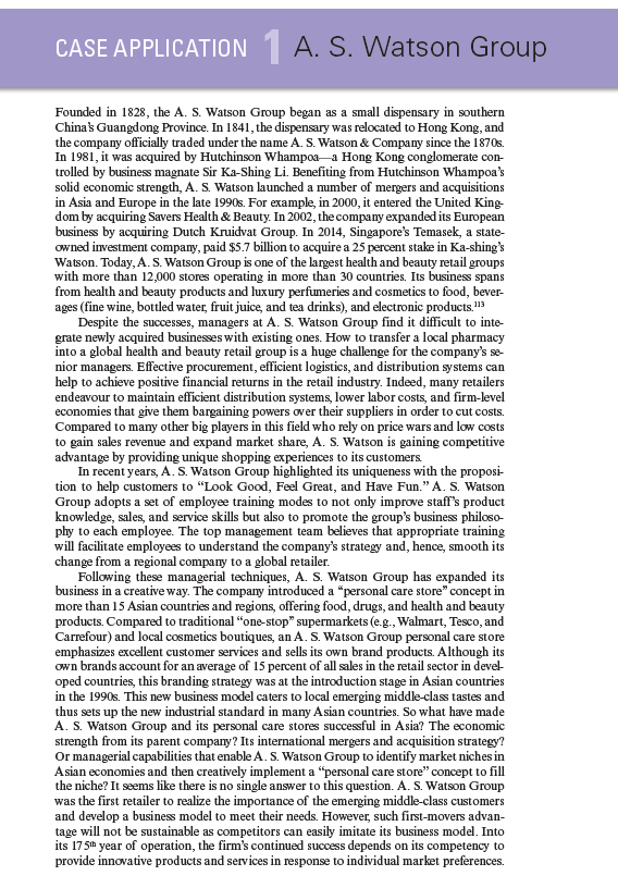 Solved CASE APPLICATION A. S. Watson Group Founded in 1828, | Chegg.com