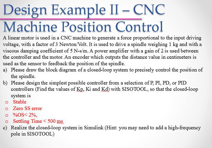 Design Example II - CNC Machine Position Control A | Chegg.com