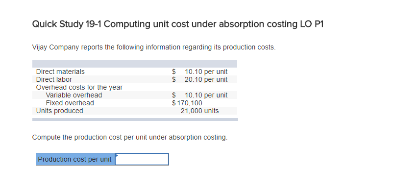 Solved Quick Study 19-1 Computing unit cost under absorption | Chegg.com