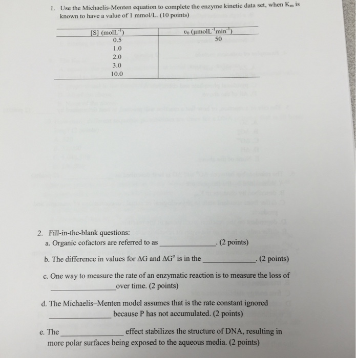 Solved Use The Michaelis Menten Equation To Complete The