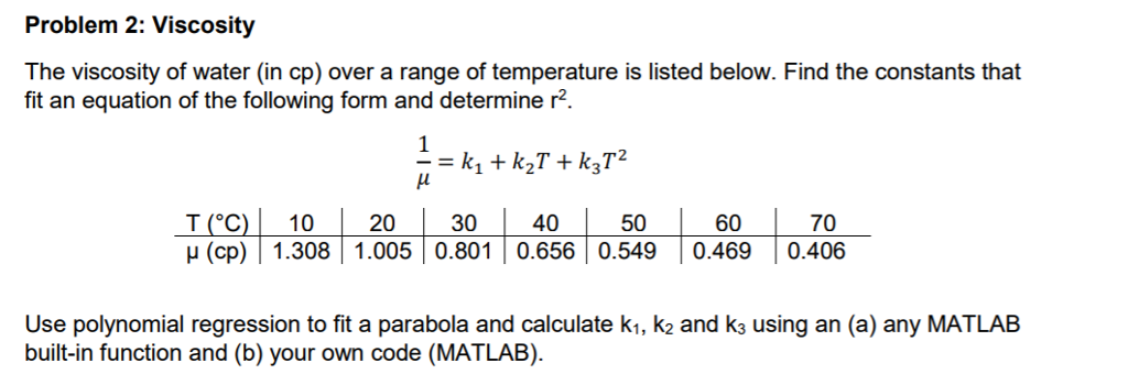 Solved Problem 2: Viscosity The viscosity of water (in cp) | Chegg.com