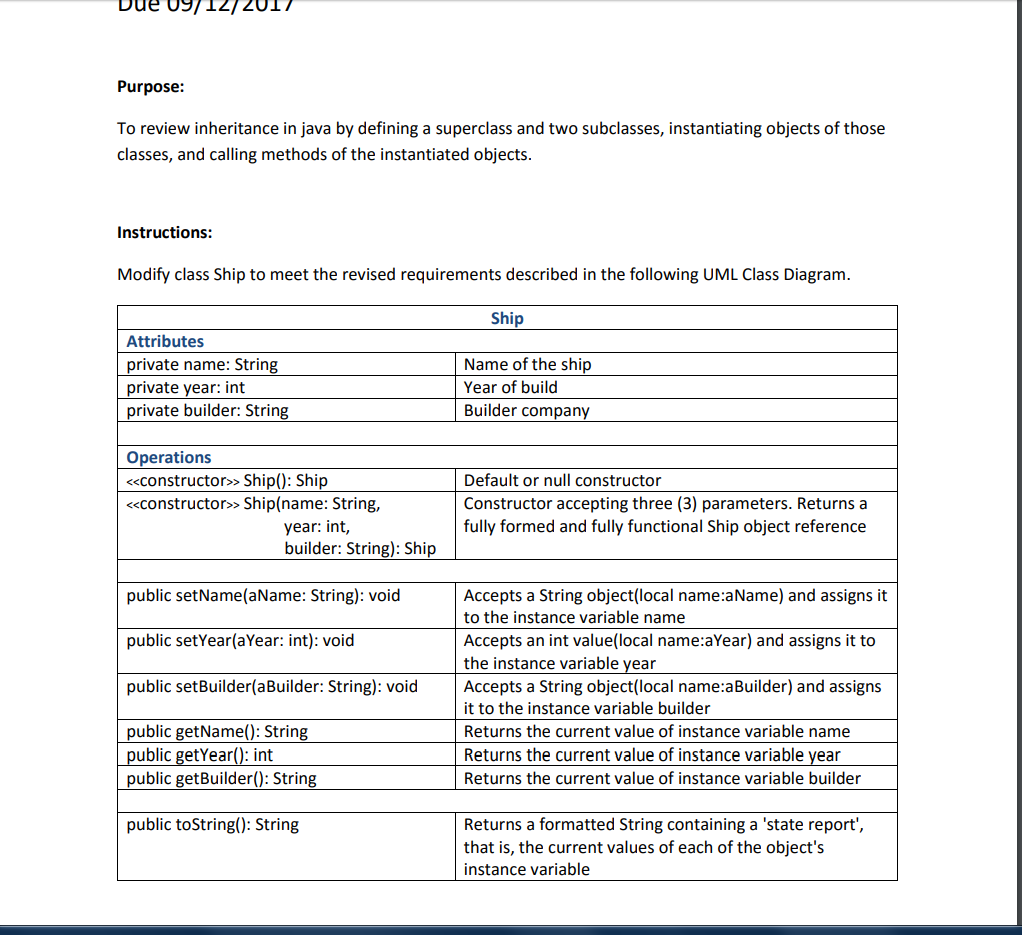 (Solved Homework): Purpose: To review inheritance in java by defining a ... (Solved Homework): Purpose: To review inheritance in java by defining a ...