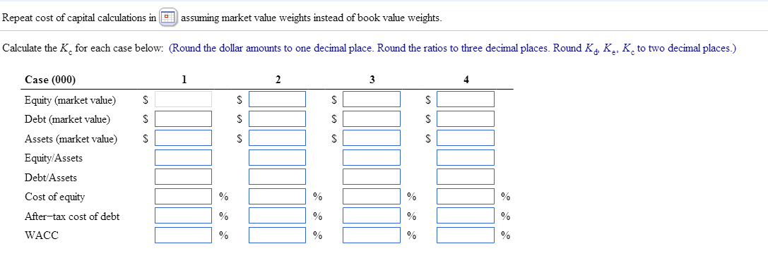 Solved Repeat cost of capital calculations iassuming market | Chegg.com