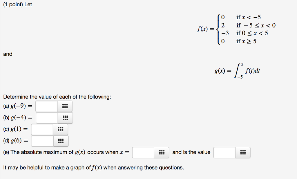 Solved (1 point) Evaluate the integrals for f(x) shown in | Chegg.com
