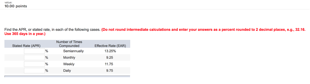 Solved value: 10.00 points Find the APR, or stated rate, in | Chegg.com
