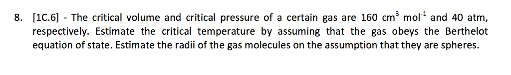 Solved The critical volume and critical pressure of a | Chegg.com
