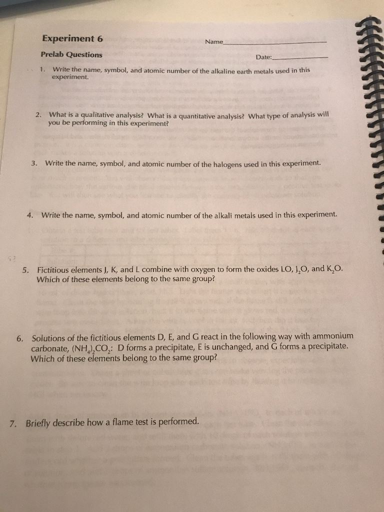 Solved Experiment 6 Prelab Questions 1 , write the name, | Chegg.com