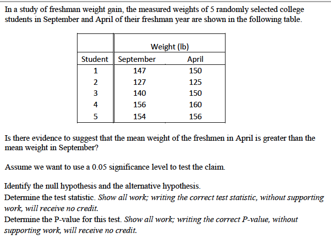 Solved In a study of freshman weight gain, the measured | Chegg.com