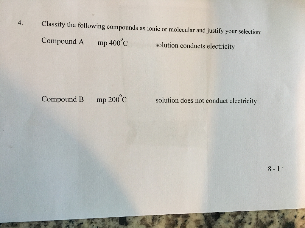 Solved 4. Classify the following compounds as ionic or | Chegg.com