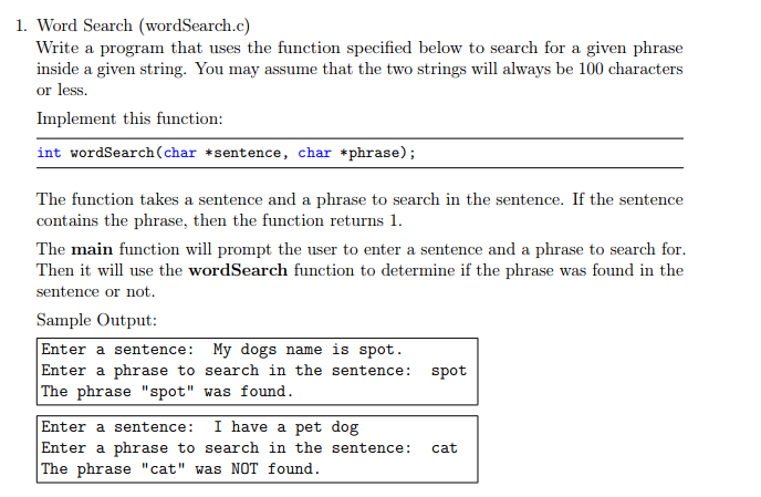 Solved 1. Word Search (wordSearch.c) Write a program that | Chegg.com