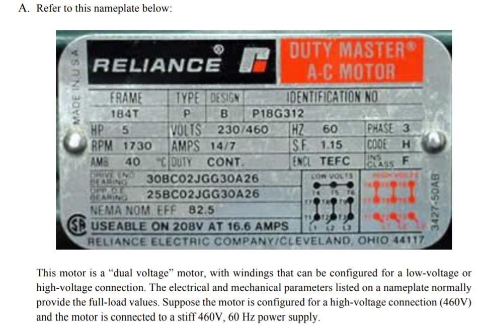 Solved A. Refer to this nameplate below DUTY MASTER® | Chegg.com