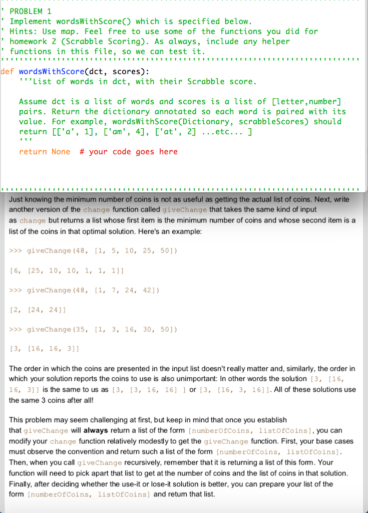 PROBLEM 1 Implement wordsWithScoreO which is | Chegg.com