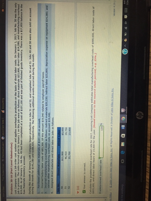 Solved Problem 20-1A (Part Level Submission) Lott Company | Chegg.com