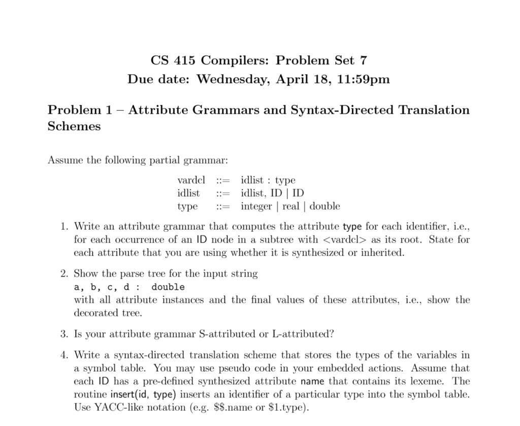 CS 415 Compilers: Problem Set 7 Due date: Wednesday, | Chegg.com