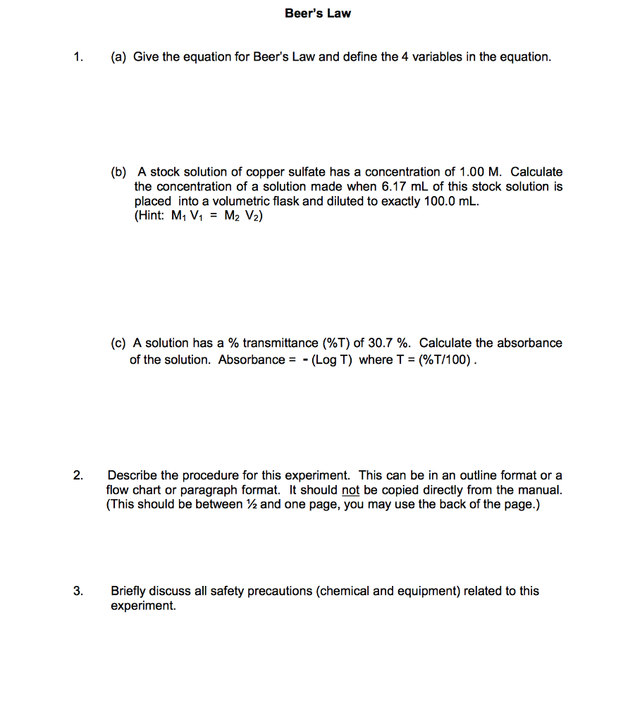 Solved Give The Equation For Beers Law And Define The 4