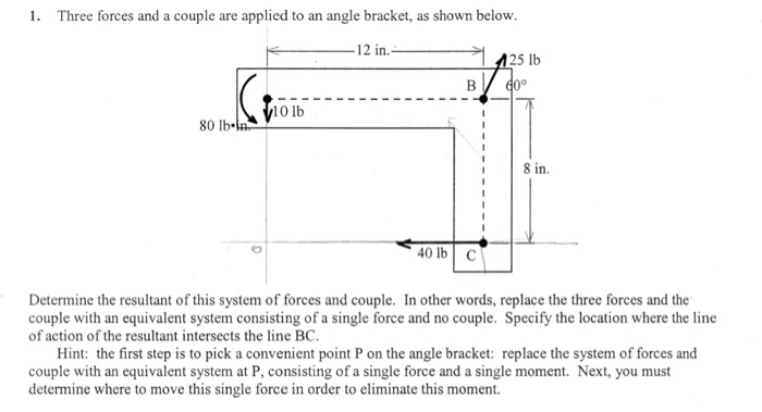Solved Three forces and a couple are applied to an angle | Chegg.com