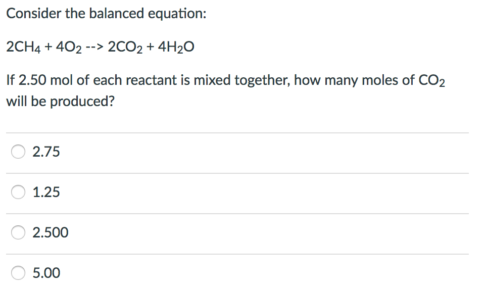 Solved Consider the balanced equation: 2CH_4 + 4O_2 | Chegg.com