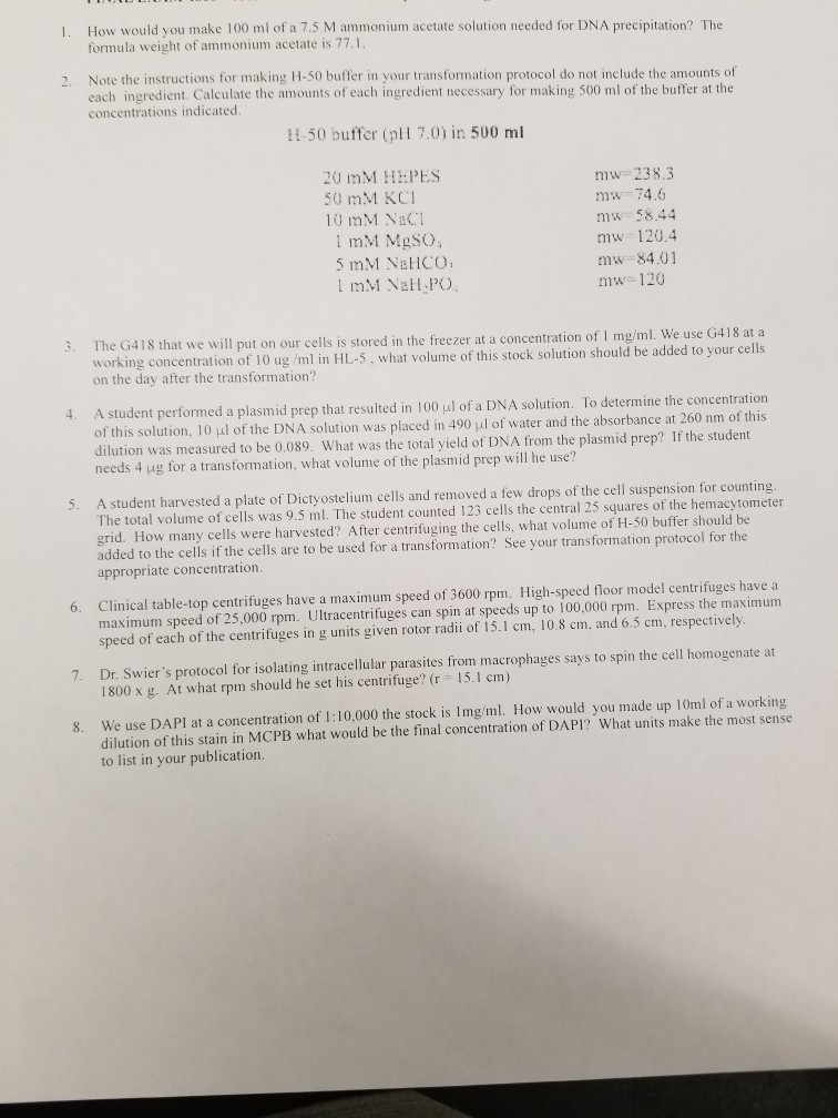 Solved How would you make 100 ml of a 7.5 M ammonium acetate | Chegg.com