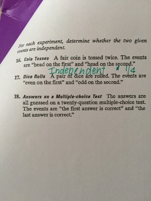 Solved For each experiment, determine whether the two given | Chegg.com