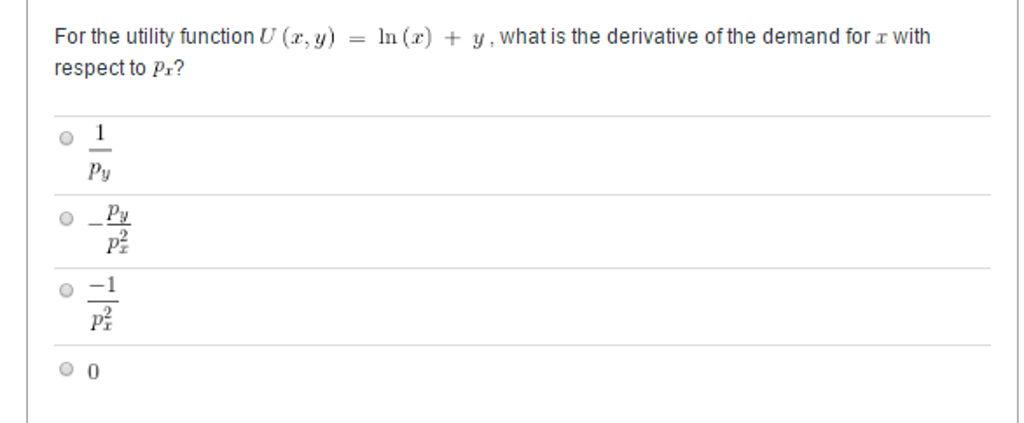 Solved For the utility function U(x, y) = ln (x) + y, what | Chegg.com