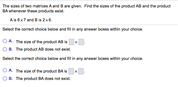Solved The sizes of two matrices A and B are given. Find the | Chegg.com