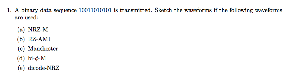 Solved 1. A binary data sequence 10011010101 is transmitted. | Chegg.com