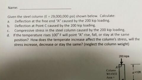 Solved Name Given the steel column (E 29,000,000 psi) shown | Chegg.com