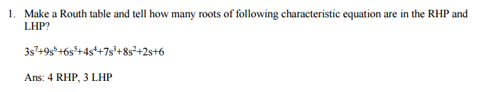 Make a Routh table and tell how many roots of | Chegg.com