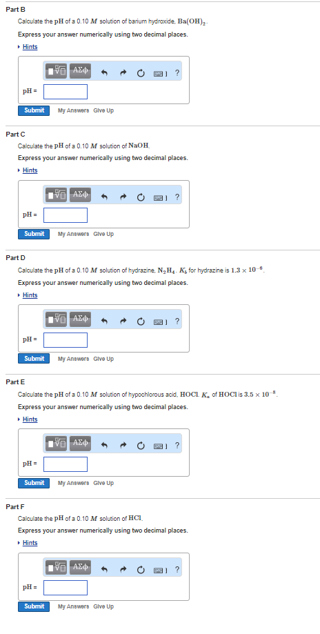 Solved Part B Calculate the pH of a 0.10 M solution of | Chegg.com