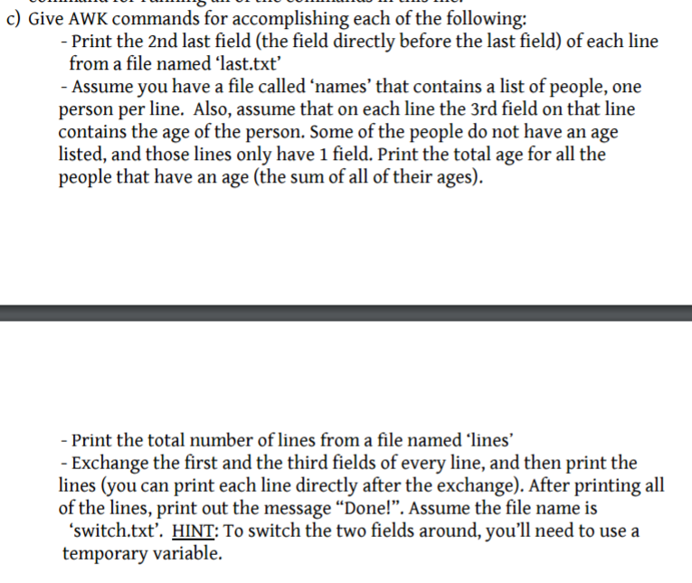 Solved Give AWK commands for accomplishing each of the | Chegg.com